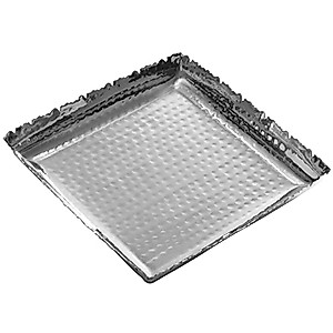 Red Co. 8” x 8” Square Decorative Silver Hammered Metal Serving Platter Tray with Torn Rim, Small