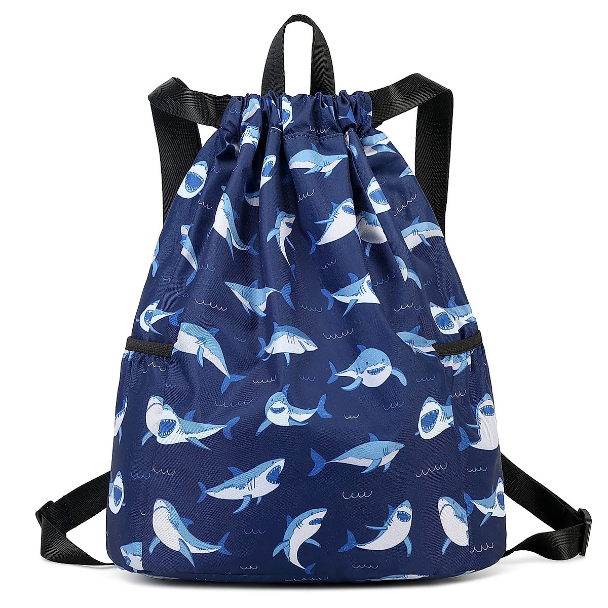 Ryushoyo Children Boy Girl Ocean Shark Print Drawstring Backpack Outdoor Casaul Portable Shoulder Bag Swim Gymsack Sack Pack Dark Blue