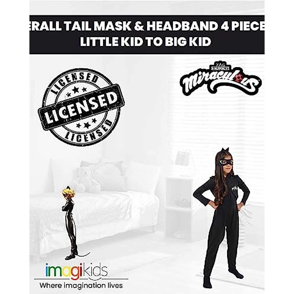 Miraculous Cat Noir Big Girls Zip Up Cosplay Costume Coverall Tail Mask and Headband 4 Piece Set Black 10-12