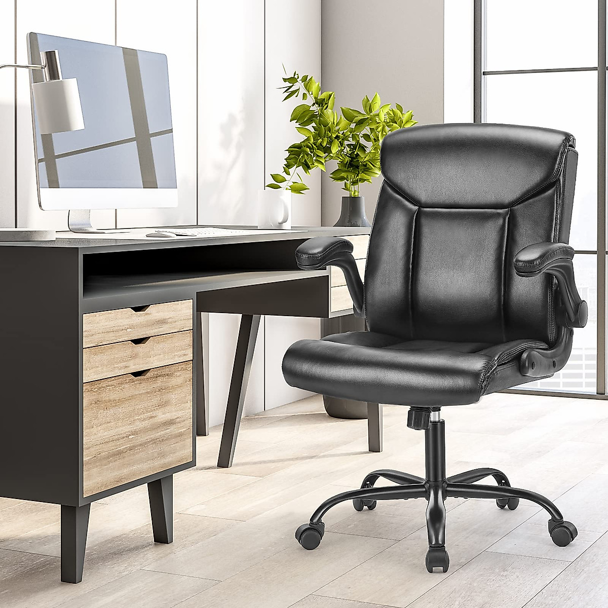 OLIXIS Office Computer Desk Chair with Flip-up Armrest Cushion Lumbar Back Support，Relieve Physical Fatigue, 20.08" D x 20.47" W x 43.14" H, Black