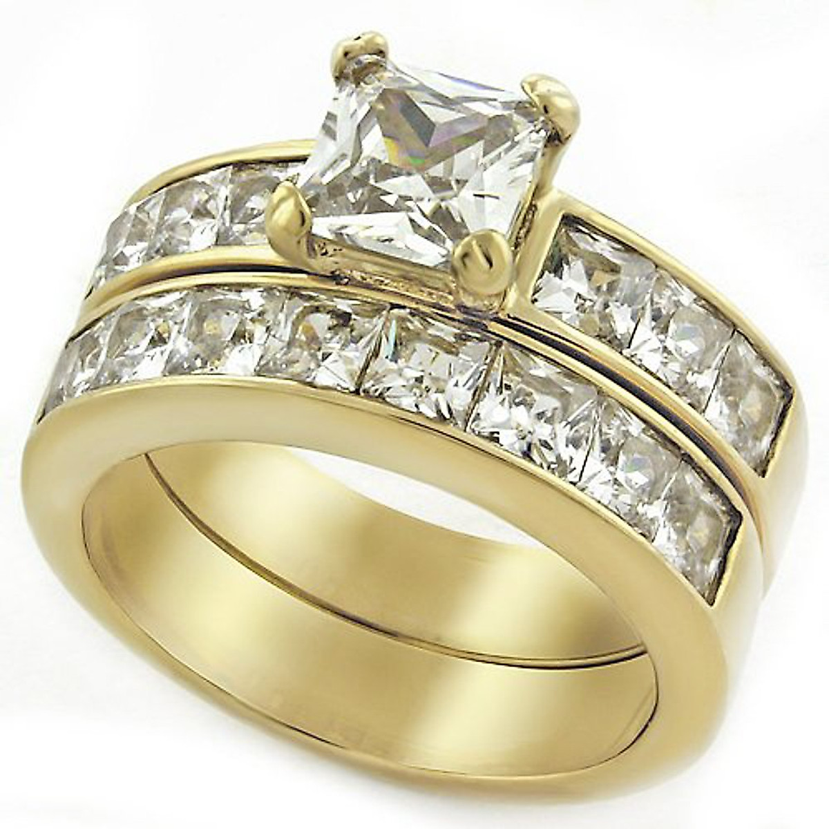 Marimor Jewelry His and Her 14K Gold Plated Stainless Steel 3 Piece Wedding Engagement Ring and Men's Band Set Women's Size 09 Men's 06mm Size 13