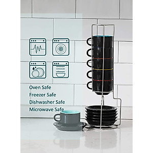 Teocera Porcelain Espresso Cups with Saucers and Metal Stand - Set of 6 Stackable Demitasse Cups, 2.5 Ounce for Coffee and Tea, Black Multi Color