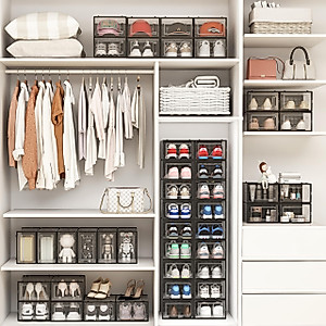 12 Pack Shoe Storage Bins, Clear Plastic Stackable Shoe Organizer for Closet, Space Saving Foldable Shoe Rack, Shoe Box Sneaker Holder Container, Black Frame