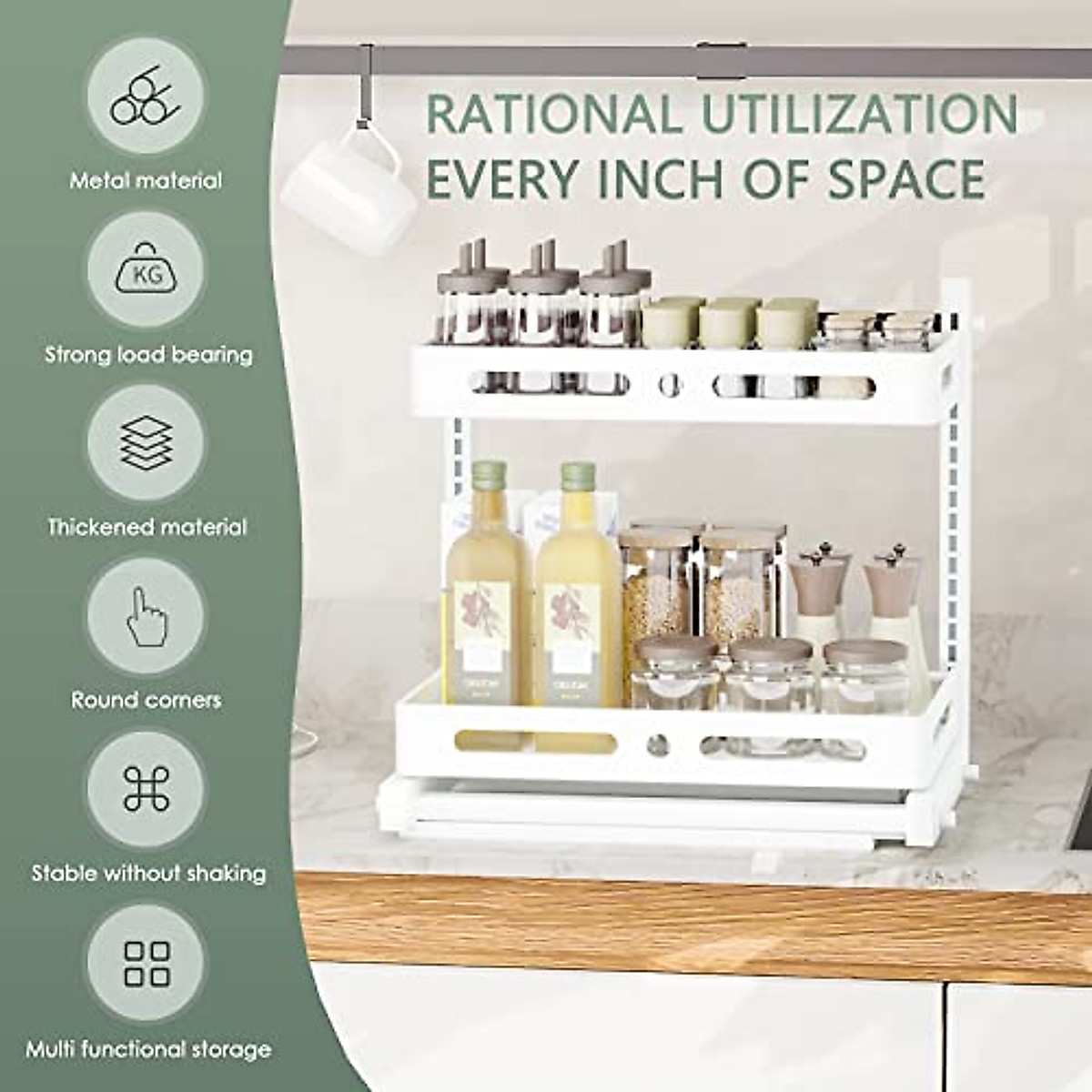 Generic Under Sink Organizer, 2-Tier Metal Pull Out Kitchen Cabinet Organizer, Freely Adjustable, Rust Resistant, Sturdy Multi-Functional for Bathroom Organization, White