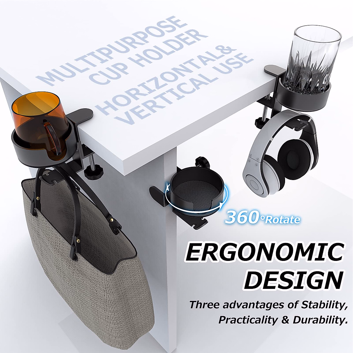 NODOCA Desk Cup Holder, 3.3 inches Diameter Cup Holder with 2 Space Saving Hangers for Headset/Bag/Hat, 360 Degree Rotation Desk Drink Holder, Headphone Hanger for Office, Home(Black)