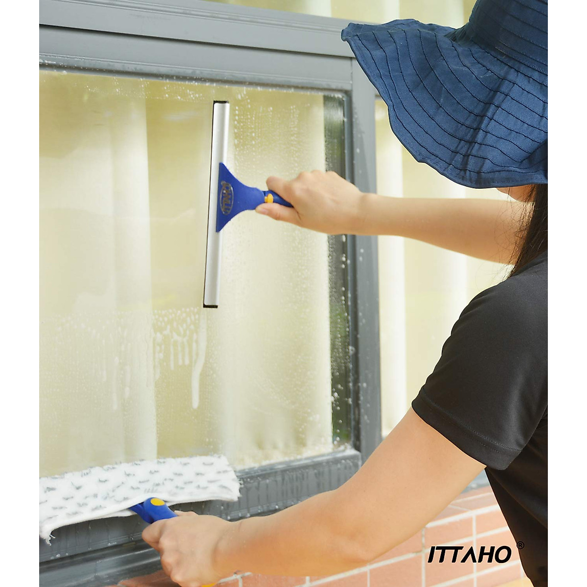 ITTAHO Squeegee for Window Cleaning,12" Squeegee and 11" Microfiber Scrubber Combi with Stainless Steel Pole,Extendable Window Cleaner for Car,Sliding Door,Shower Glass Door-Swivel Style-2 Pads