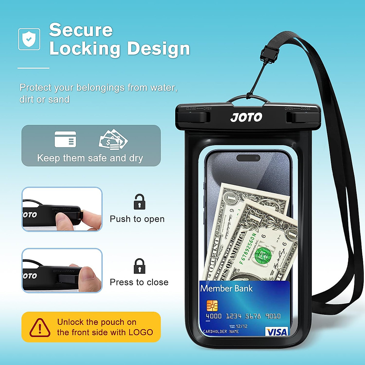 JOTO IPX8 Waterproof Phone Pouch Case, Underwater Dry Bag for Phone Protector for iPhone 15 14 13 12 11 Pro Max, Galaxy S24 S23 S22 Ultra Pixel to 7" Cruise Vacation Essential -2 Pack, Black