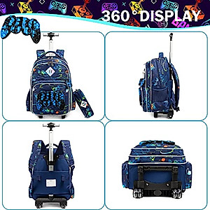 Meetbelify Rolling Backpack for Boys with Wheels Kids Travel Suitcase Laptop Luggage with Lunch Box Set for Boys Age 6-8