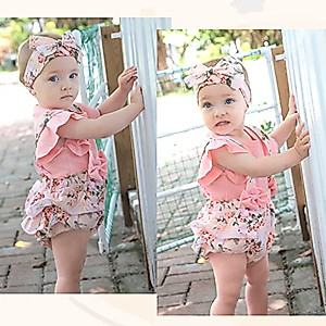MBMSHEGH Newborn Baby Girl Clothes Summer Infant Romper Outfit Short Sleeve Suspender Ribbed Shorts Clothing with Headband 3-6 Months
