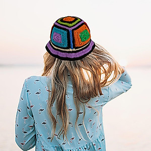 Women Knit Hat Crochet Bucket Hat Fish Hat Handmade Floppy Knitted Hats Floral Beanies Cap Beach Travel Outdoor (Colorful-Nation)