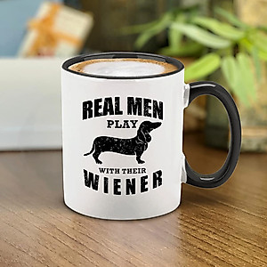shop4ever Real Men Play with their Wiener Ceramic Coffee Mug Tea Cup, Funny Dachshund Weiner Dog Dad Gift 11 oz. (Black Handle)