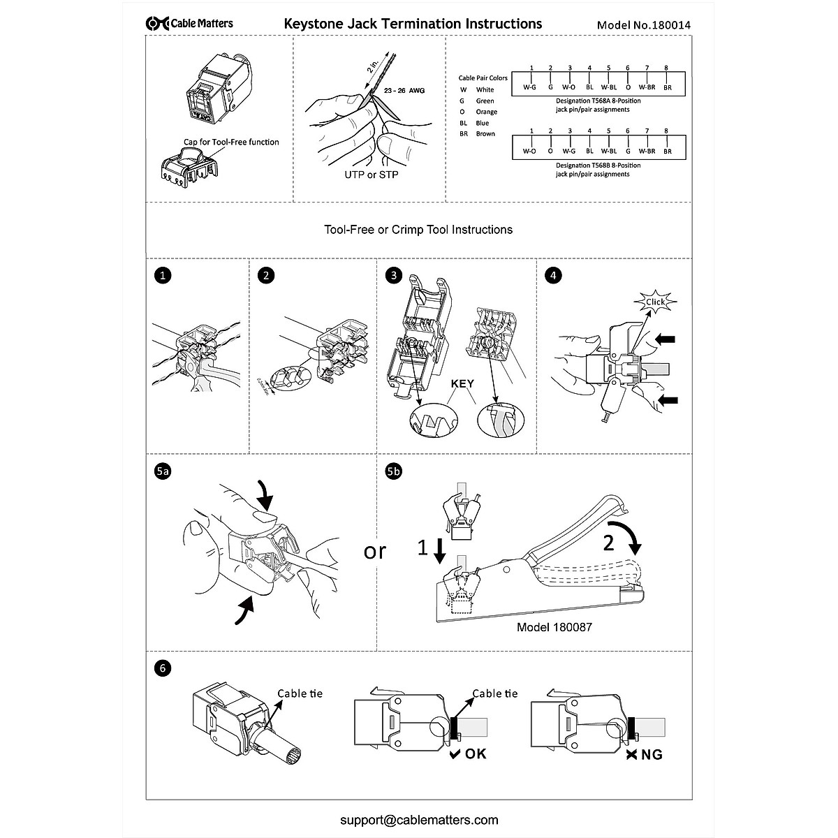 Cable Matters UL Listed 10Gbps 6-Pack RJ45 Shielded Cat6A / Cat6 Keystone Jack with Integrated Shutter
