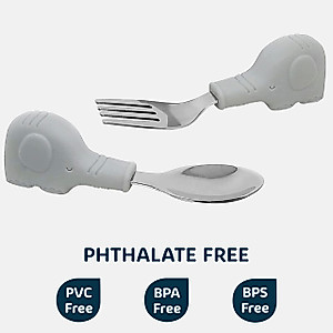Tiny Twinkle Easy Grip Toddler Utensils Spoon and Fork Set - BPA & Phthalate Free Utensil Sets, Kids Silverware With Silicone Handle, Baby Led Weaning Supplies for 12 Months & Up (Grey Elephant)