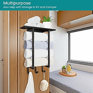 ELITEROO Towel Holder for Bathroom Wall, Towel Rack with Shelf and Hooks, Hanging Towel Organizer for Small Bathroom Storage, Wooden Rolled Towel Shelf for RV, Camper, Black