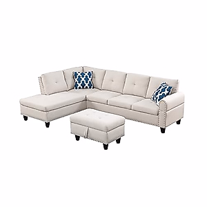 98" W Linen Sectional Sofa Upholstered Modular Couch with Cup Holder, 29" W Ottoman, 3 Combo Piece Living Room Furniture Set for 2 Toss Pillows and Rounded Arm, L-Shaped Button Nailhead Trim, Beige