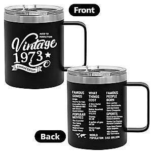 Vintage 1973 Stainless Steel Insulated Coffee Mug with Handle, 50th Birthday Stainless Steel Travel Coffee Cup with Lid Gifts for Women Men, 50th Birthday Spill Proof Reusable Thermos Coffee Mug 12oz