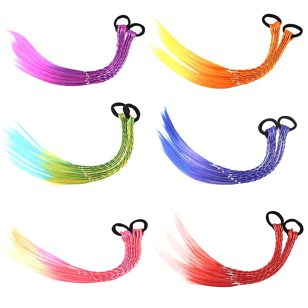 Colored Braids Hair Extensions with Rubber Bands Rainbow Braided Synthetic Hairpieces Ponytail Hair Accessories for Women Kids Girls Party Highlights Cosplay Dress Up (12PCS A Style)