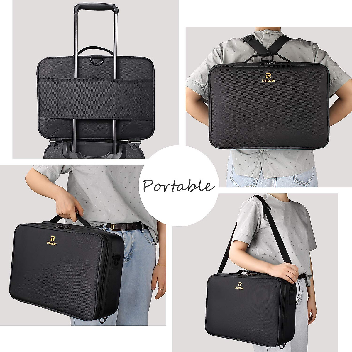 Relavel Makeup Bag Travel Makeup Train Case Large Cosmetic Case Professional Portable Makeup Brush Holder Organizer and Storage with Adjustable Dividers (black L)