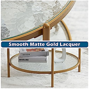 VINGLI 25.6" Small Matte Gold Round Coffee Table Water-Wave Glass Circle Clear Coffee Table, Center Table with 2-Tier Modern Storage Design for Living Room, Bedroom, Meeting Room, Balcony, Patio