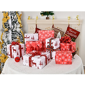 Sikiweiter Christmas Wrapping Paper Rolls -Mini Roll 17 Inch X 33 Feet - Reversible Red Christmas Wrapping Paper, Plaid Reindeer and Snowflake Design Christmas Wrapping Paper(Christmas)