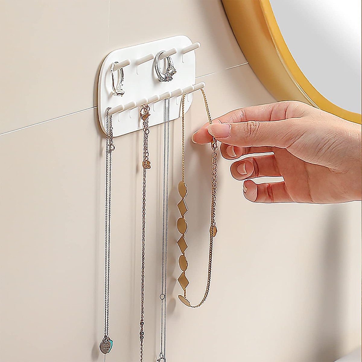 BXDOW Necklace Holder Wall Mounted, Adhesive, Plastic Necklaces Hanger, Jewelry Organizer Hanging with 12 Hooks, Jewelry Hooks for Necklaces, Rings, Bracelets, Chains, Keys,White