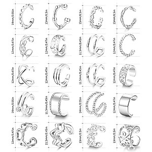 LOYALLOOK 20PCS Ear Cuff Earrings Set Adjustable for Women Stainless Steel Non-Piercing Cartilage Clip On Wrap Earring Fake Helix Cartilage Cuffs Fake Lip Nose Ring Silver Tone