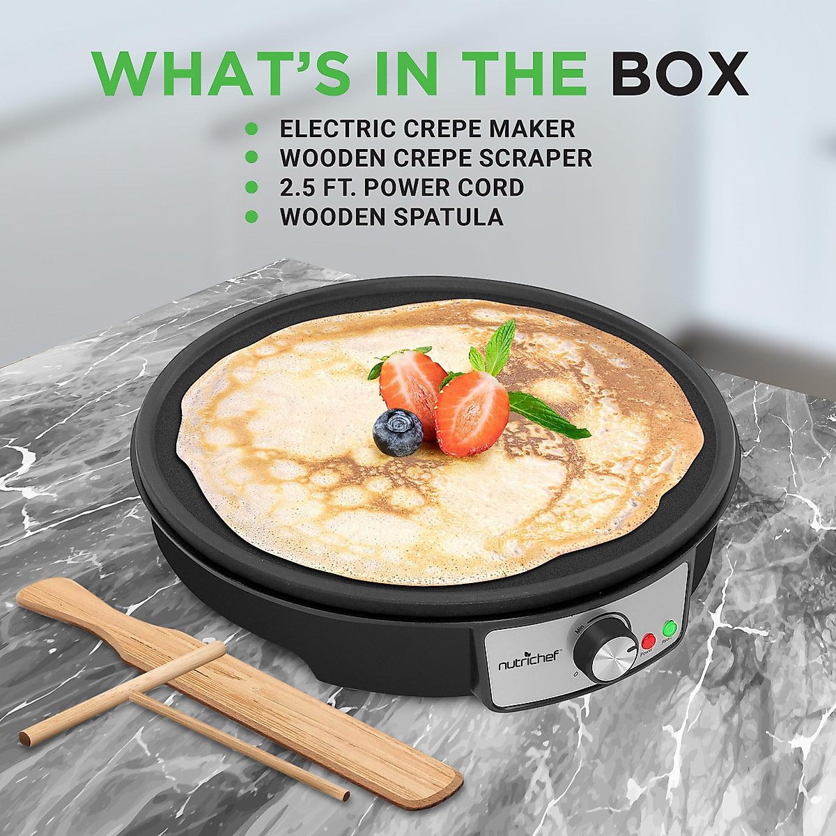 Electric Crepe Maker Pan & Griddle - 12 Inch Nonstick Cooktop - LED Indicators & Adjustable Temperature Control - Includes Spatula, Batter Spreader - Cooks Crepes, Roti & Pancakes