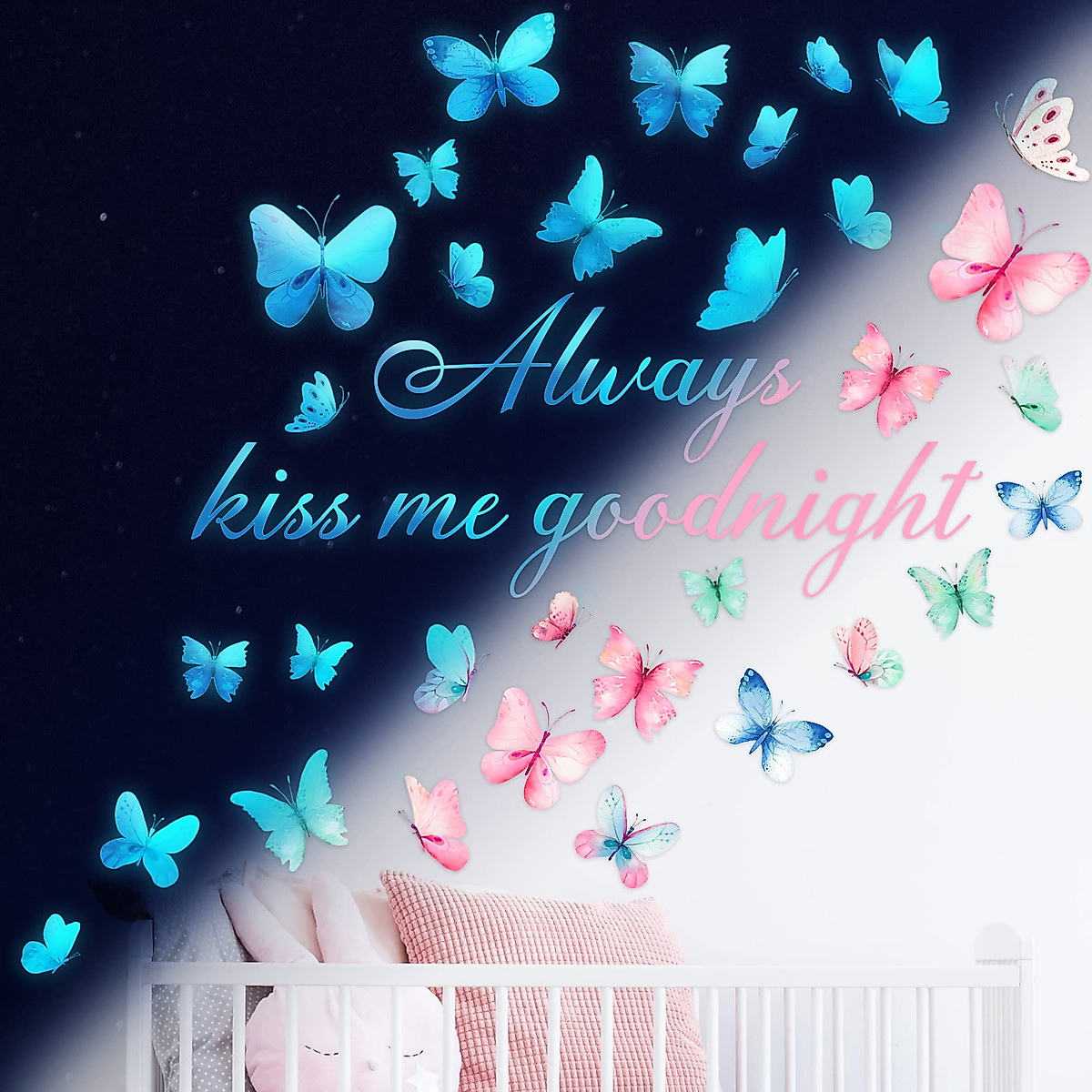 Butterfly Wall Decor Stickers Glow in The Dark Butterfly Wall Decals Peel and Stick Luminous Butterflies Always Kiss Me Good Night Decals Positive Quotes for Girls Kids Ceiling Bedroom Living Room