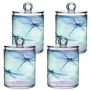 SDMKA 2 Pack Apothecary Jars Bathroom Watercolor Dragonflies Qtip Holder Dispenser Clear Plastic Storage Canister Jar with Lid for Cotton Ball, Cotton Swab