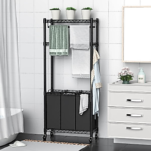 Hodonas Rolling Laundry Basket Organizer with Wheels and Hanging Bar, Laundry Hamper Cart Laundry Sorter 3 Section, Dirty Clothes Hampers for Laundry Bedroom Bathroom w/ 3 Removeable Bags, Black