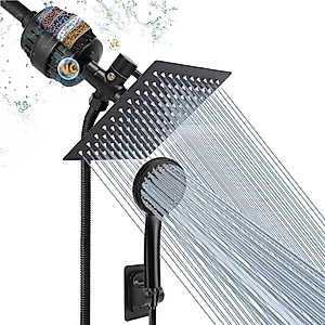 NearMoon Filtered Rain Shower Head, High Pressure 8″Square, and 5 settings Handheld Shower Filter Combo with Self-adhesive Holder/1.5M Hose -1 Replaceable Filter Cartridge (Matte Black)