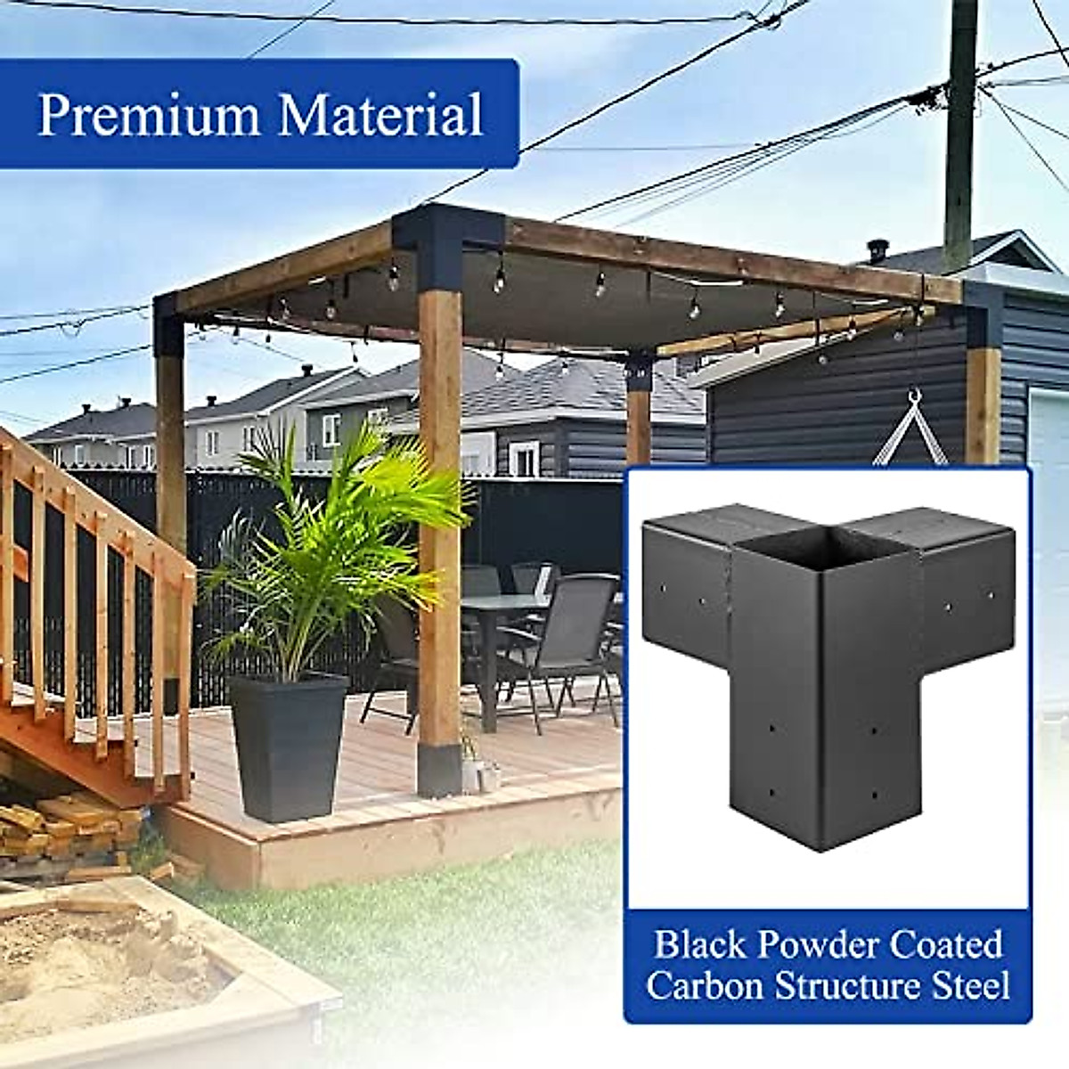 Flieeya Pergola Kit Black Elevated Wood Stand Kit with Steel Brackets, 8PCS Woodwork Pergola Hardware Kit with Powder Coated Steel Brackets for 6X6 Lumber, 3-Way 90 Degree Corner