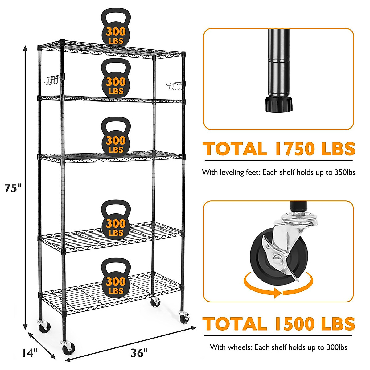 BolDuck 5 Tier Storage Shelves with Wheels, 1750lbs Capacity Heavy Duty Shelving Units, 14x36x75inch Adjustable Metal Shelf Wire Shelving Rack for Garage, Kitchen, Office, Black