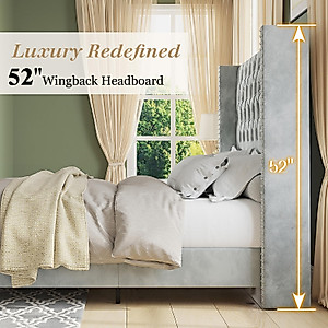 Jocisland Queen Size Platform Bed Frame Velvet Upholstered Bed with Nailhead Trim Wingback Headboard 51.6" Tall,Button Tufted, No Box Spring Needed, Light Grey