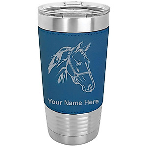 LaserGram 20oz Vacuum Insulated Tumbler Mug, Horse Head 2, Personalized Engraving Included (Faux Leather, Blue)
