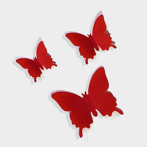 24Pcs 3D Butterfly Removable Mural Stickers Wall Stickers Decal for Kids Girls Baby Women Bedroom Bathroom Living Room Decor(red)