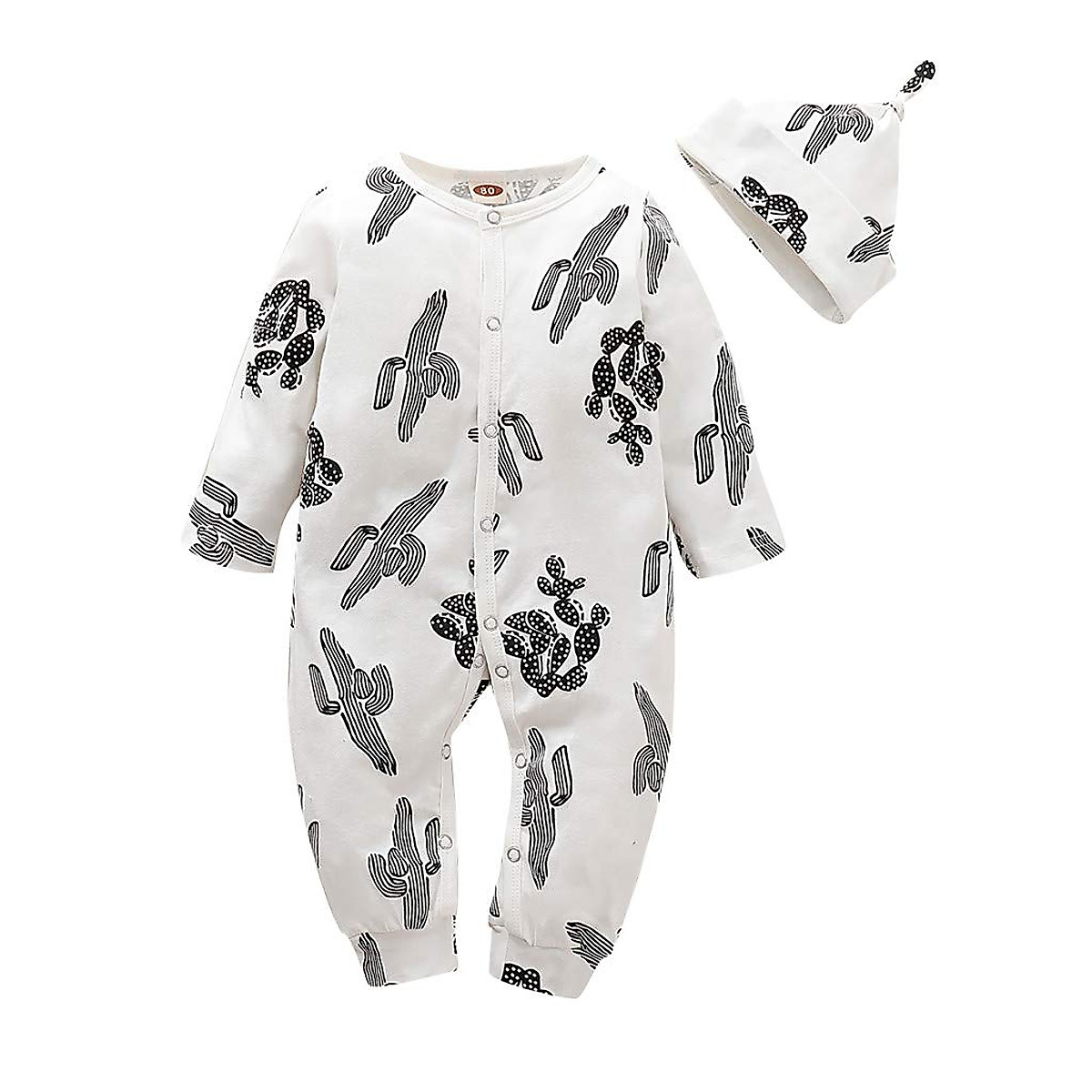 TMEEIHNSS Newborn Baby Boys Girls Bodysuit 2 Piece Set Infant Cactus Print Romper Jumpsuit Hat Outfits Sets (White, 0-3)