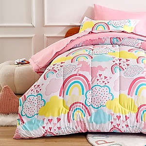 Sonive Girls Twin Comforter Set, Breathable, 5 Pieces with 1 Comforter(66"x90"), 1 Fitted Sheet, 1 Flat Sheet, 1 Pillow Sham, 1 Pillowcase Gift Choice, Rainbow Unicorn