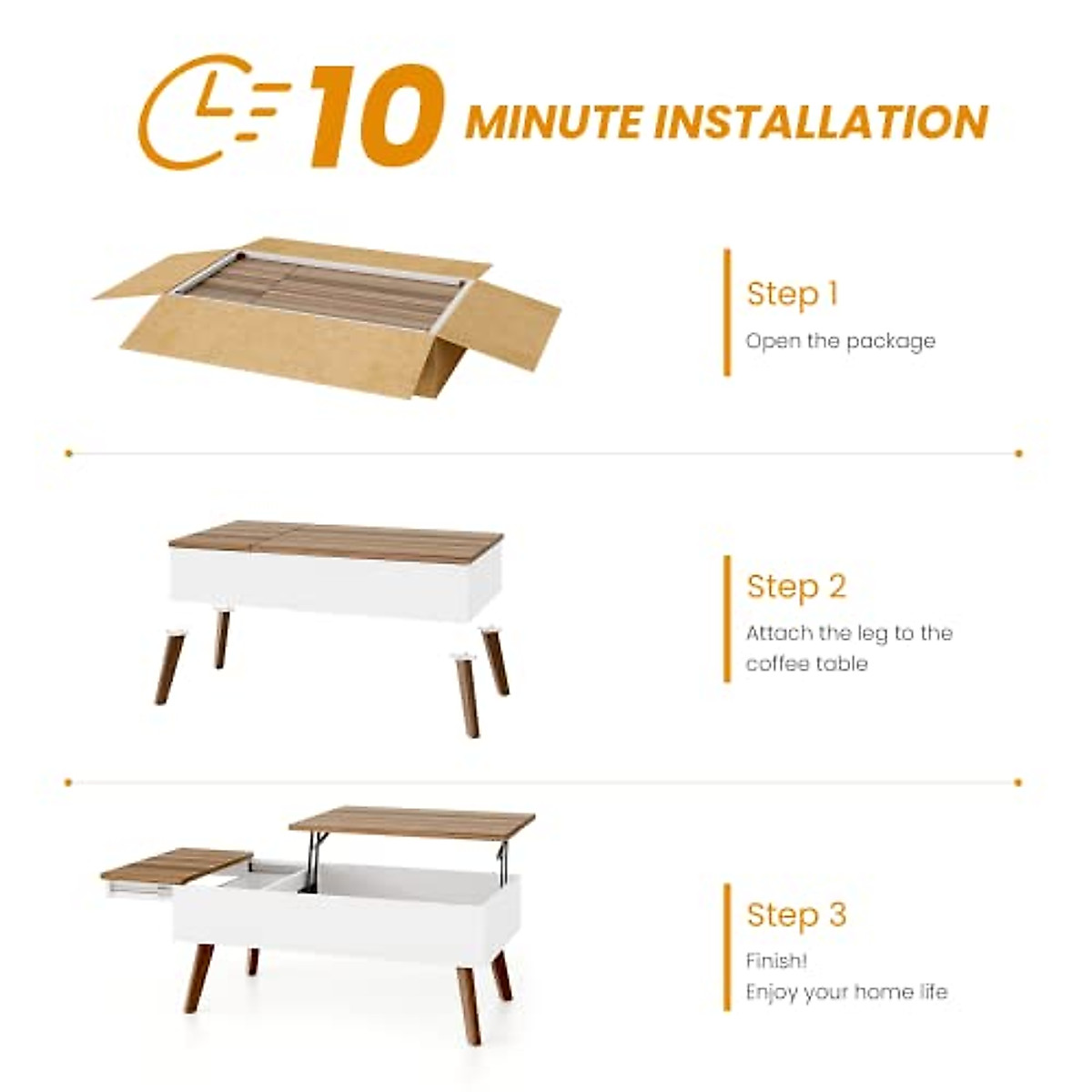 Bidiso Lift Top Coffee Table, Ten Minute Install Coffee Table Center Table with Hidden Storage Compartments, Rising Tabletop Dining Table Coffee Table for Living Room，Walnut