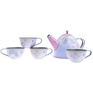 Jewelkeeper Toddler Toys Tea Set for Little Girls - 15 Pcs Tin Tea set for kids Tea Time includes Teapot, 4 Tea Cup and saucers set & 4 snack plates , Unicorn Tea Party Set with Carrying Case