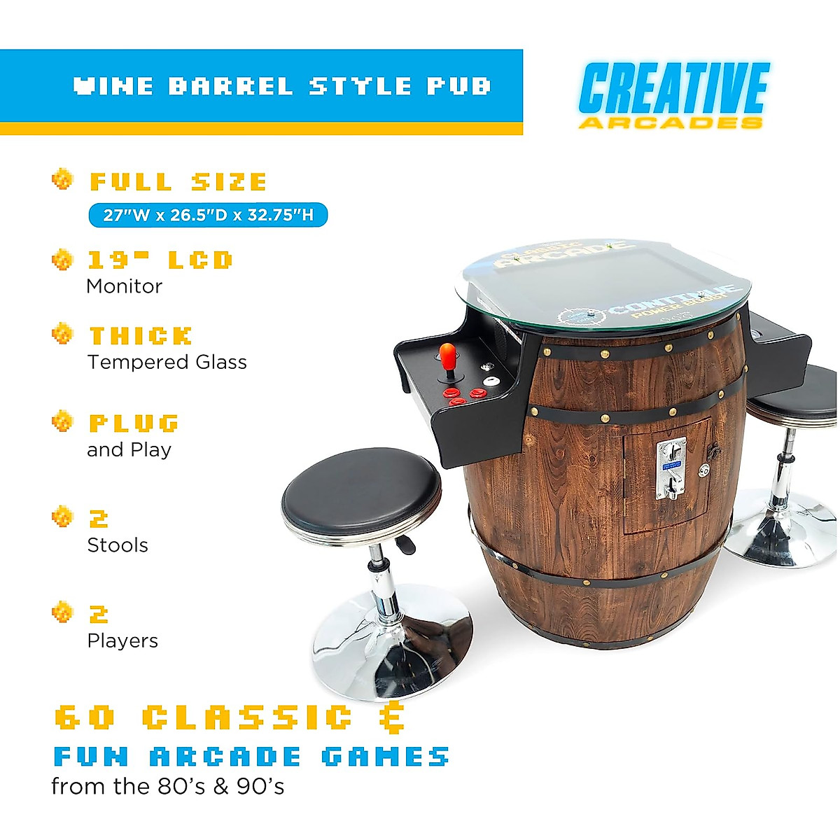 Creative Arcades Full Size Commercial Grade Wine Barrel Style Pub Arcade Machine | 2 Player | 412 Games | 19" LCD Screen | Round Glass Top | 2 Sanwa Joysticks | 2 Stools Included | 3 Year Warranty