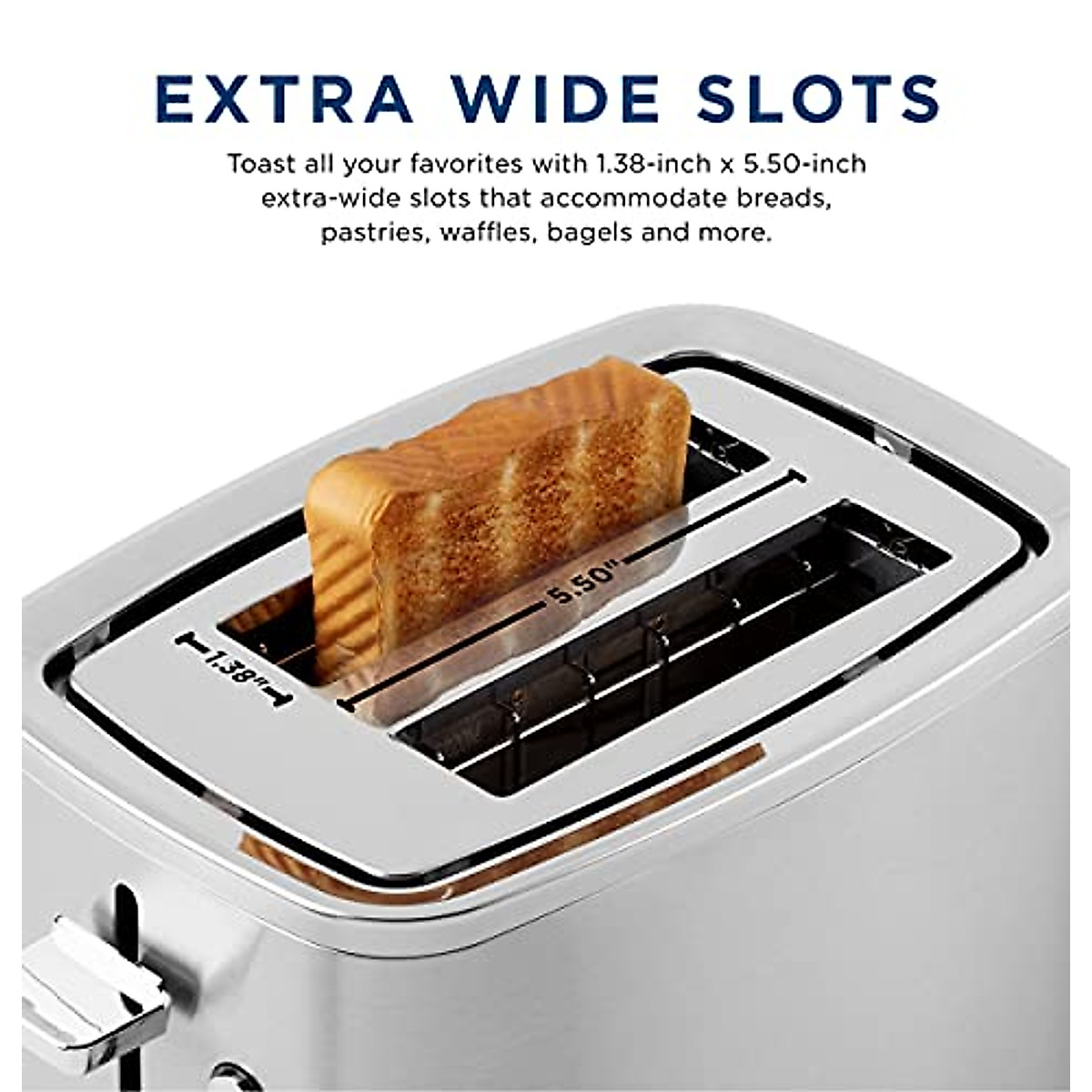 GE Stainless Steel Toaster | 2 Slice | Extra Wide Slots for Toasting Bagels, Breads, Waffles & More | 7 Shade Options for the Entire Household to Enjoy | Countertop Kitchen Essentials | 850 Watts