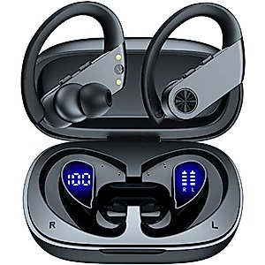 Bluetooth Headphones Wireless Earbuds 90H Playtime with 2200mAh Charging Case Dual Digital Display Ear Buds Waterproof Over Ear Earphones with Earhooks for Sport Workout Laptop TV Computer Phone Black