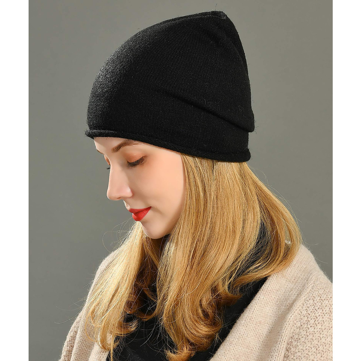 jaxmonoy Winter Knit Beanie Hats for Women ，Cashmere Wool Blend Warm Soft Skully Knitted Slouchy Beanies Cap Hat - Black