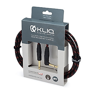 KLIQ Guitar Instrument Cable, 10 Ft - Custom Series with Premium Rean-Neutrik 1/4" Straight to Right Angle Gold Plugs, Black/Red Tweed