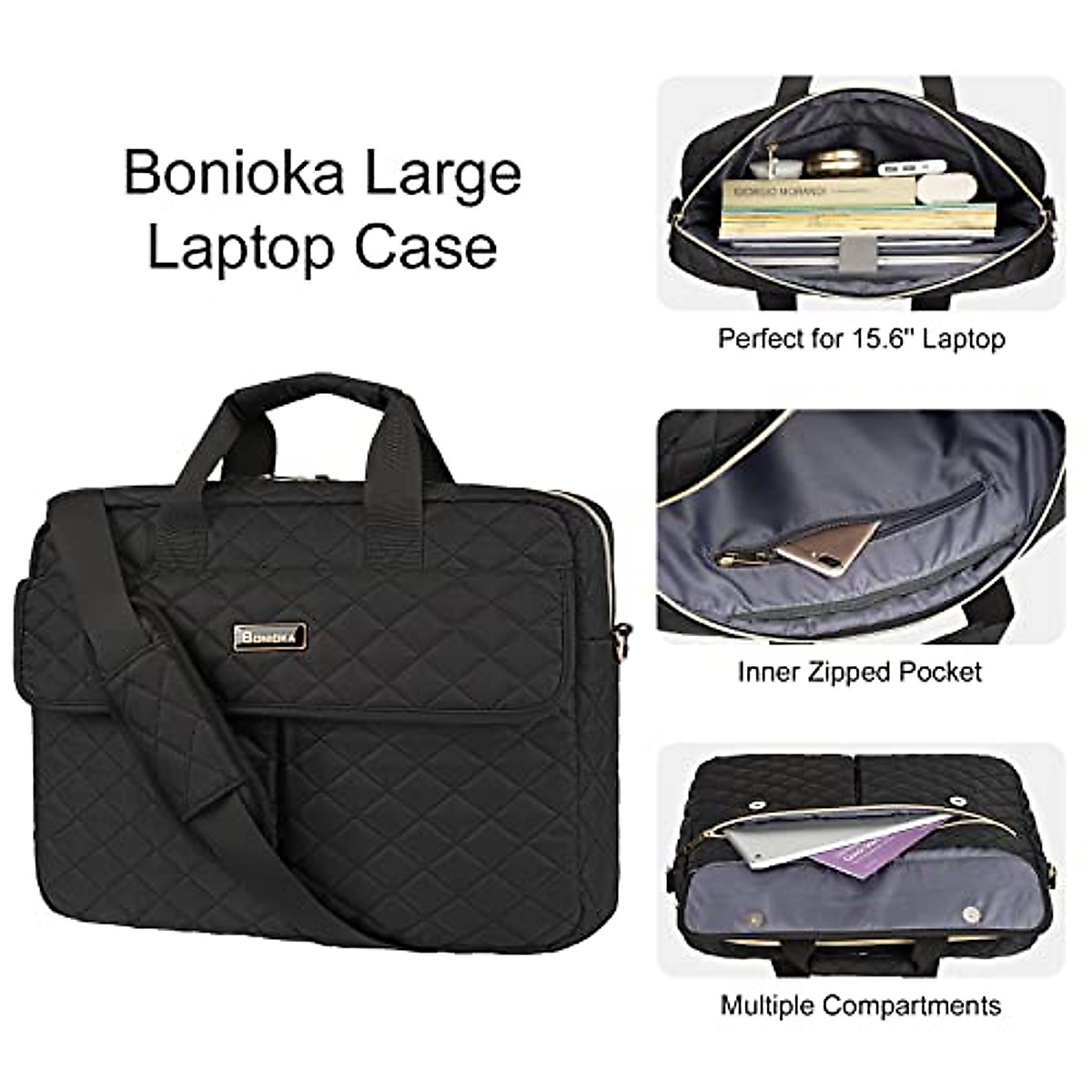 Bonioka Womens 15.6-Inch Laptop & Tablet Bag, Briefcase for Women, Large Laptop Case Computer Book Bag for Office Business Work, Black