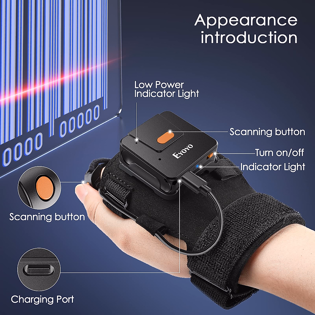 Eyoyo Wearable Glove 1D Bluetooth Barcode Scanner, Left&Right Hand Wearable,1D Finger Trigger Wireless Bar Code Reader Inventory with Retractable Lanyard Compatible with iPhone iPad Android Tablet