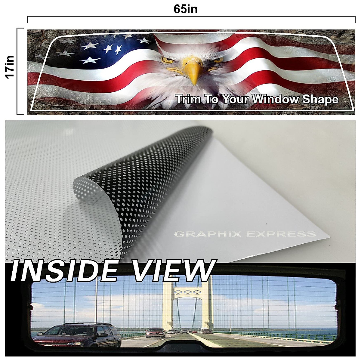 GRAPHIX EXPRESS Truck Back Window Graphics - Bald Eagle American Flag Decal (P534) - USA Flag with Eagle - Universal See Through Rear Window Vinyl Wrap - Full Window Decals for Trucks