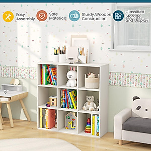 Costzon 9-Cube Toy Storage and Organizer, 4-Tier Wooden Kids Bookshelf, Toy and Book Storage Display Organization, Toddler Shelf for Playroom, Living Room, Classroom, Nursery, White