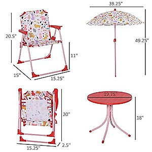 Outsunny Kids Folding Picnic Table and Chairs Set Rabbit Pattern for Outdoor Garden Patio Backyard with Removable & Height Adjustable Sun Umbrella, Red